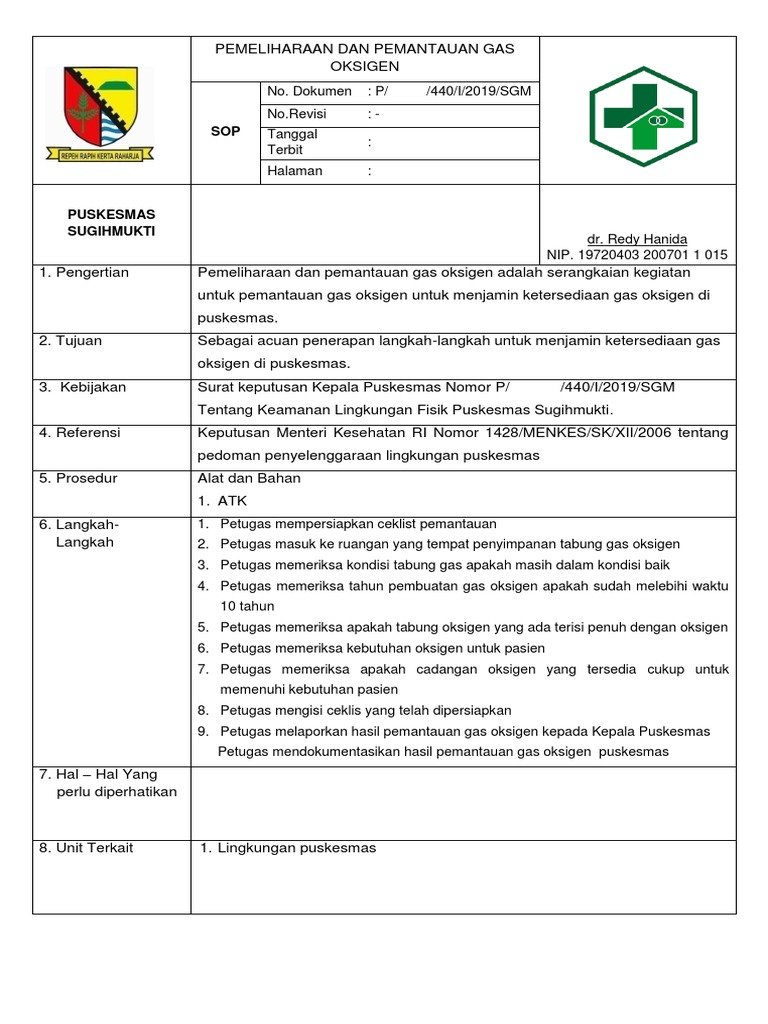 8.5.1.2.c Sop Pemeliharaan Dan Pemantauan Gas Oksigen | PDF