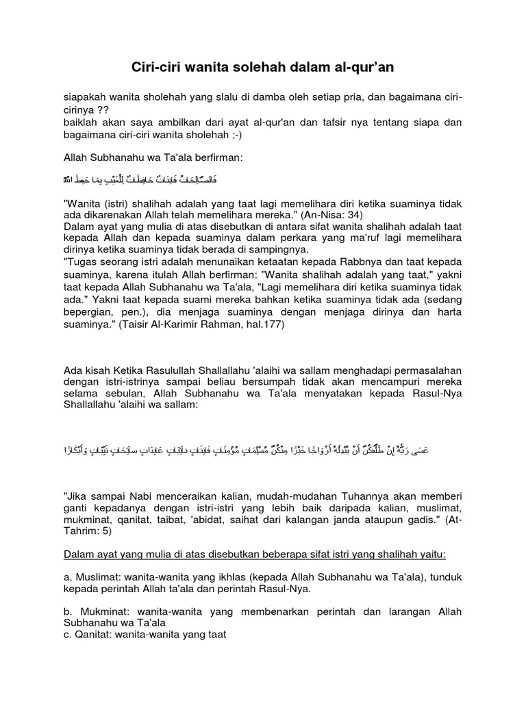 Ciri2 Wanita Solehah Dlam Al-qur'An | PDF