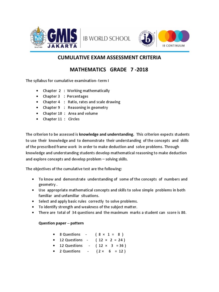 Cumulative Syllabus Pattern - Grade 7 Maths - 2018 | PDF