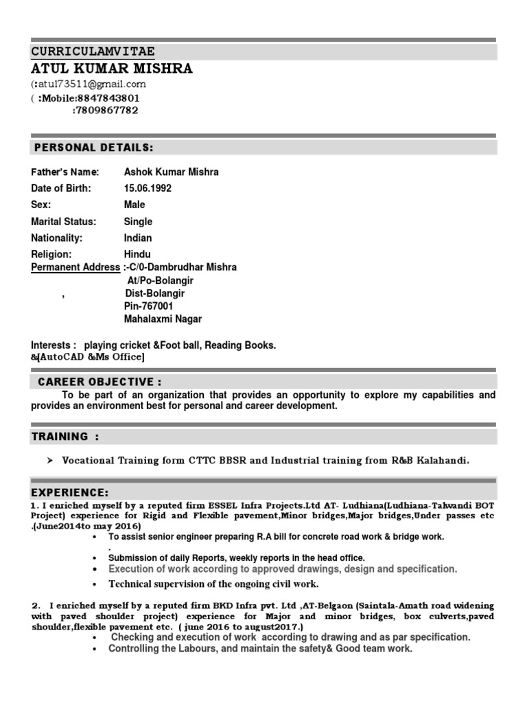 Curriculamvitae Atul Kumar Mishra: Personal Details | PDF
