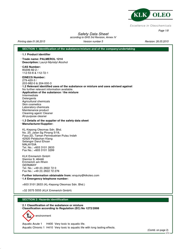 Standard Sds-Palmerol 1214-Lauryl-Myristyl Alcohol | PDF | Dangerous ...
