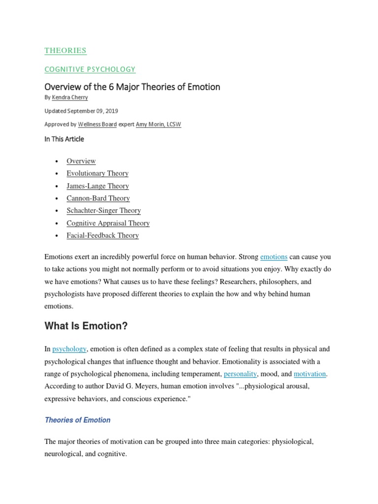 Overview of Major Emotion Theories | PDF | Emotions | Subjective Experience