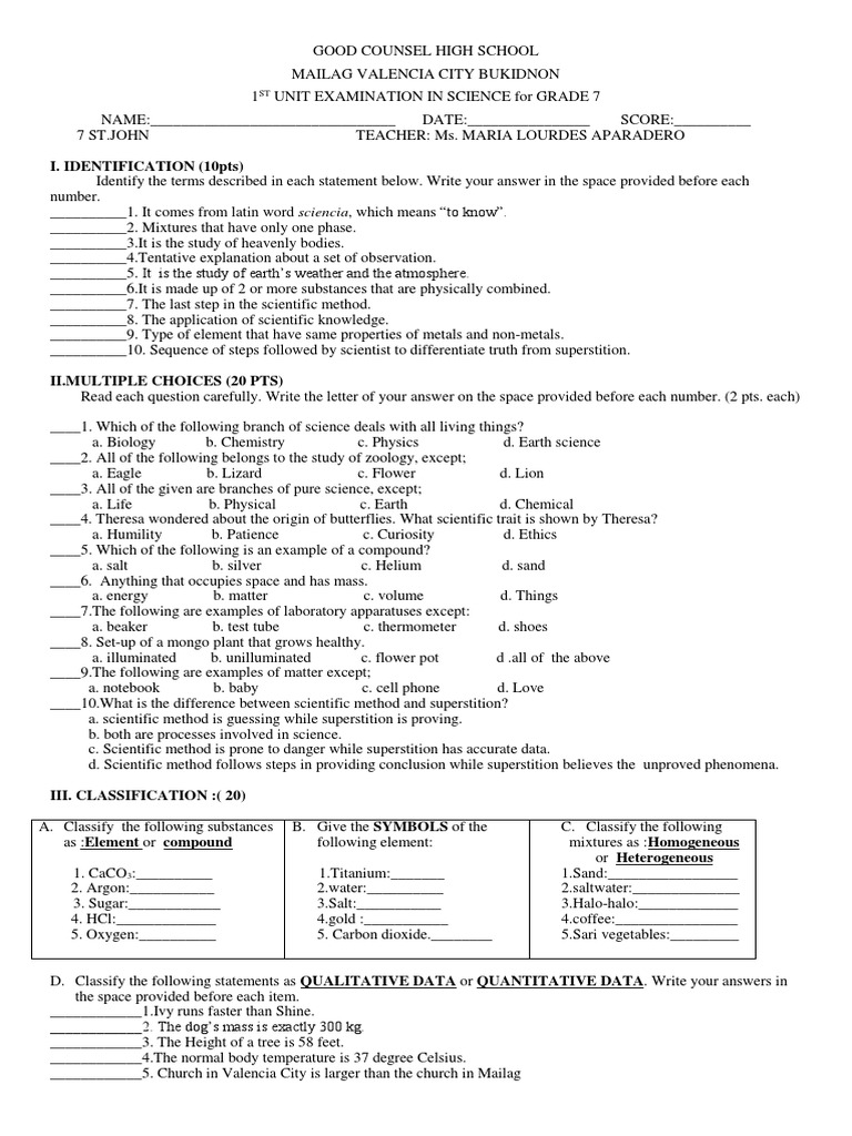 Grade 7 Exam | PDF | Carbon | Chemical Substances