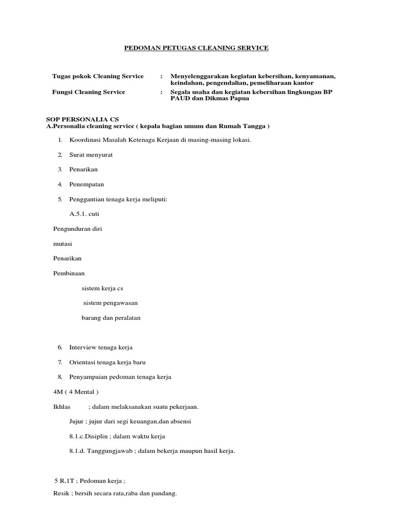 Pedoman Kerja Petugas Cleaning Service | PDF