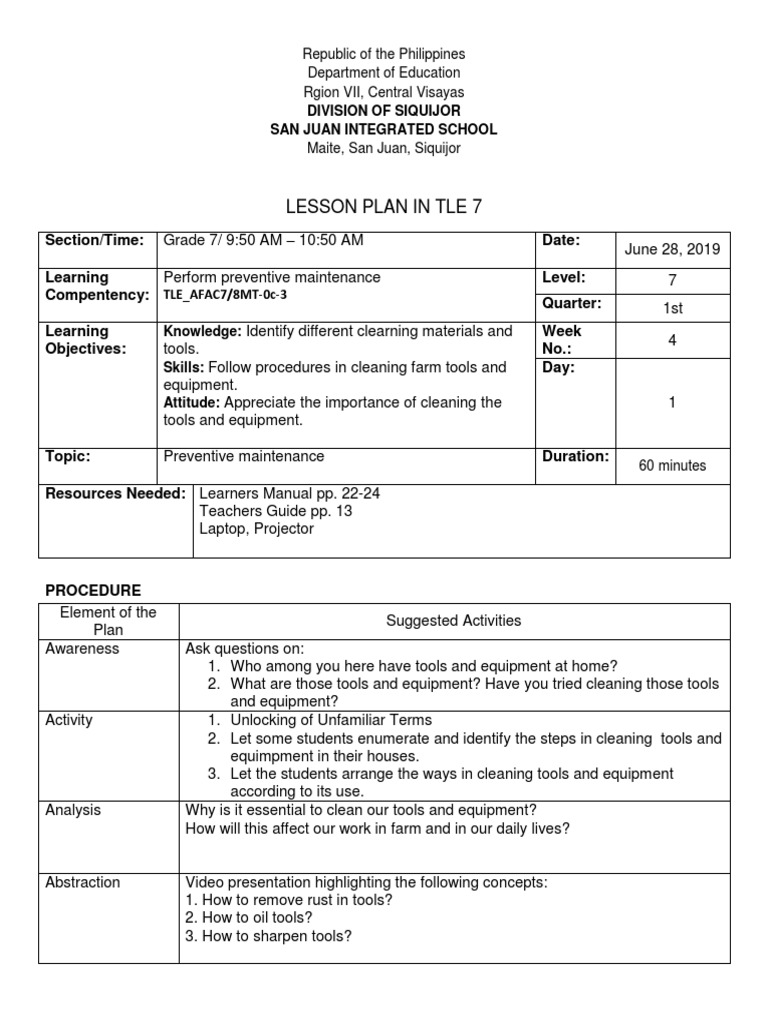 Lesson Plan in Tle 7: Section/Time: Date: Learning Compentency: Level: Quarter: Learning ...