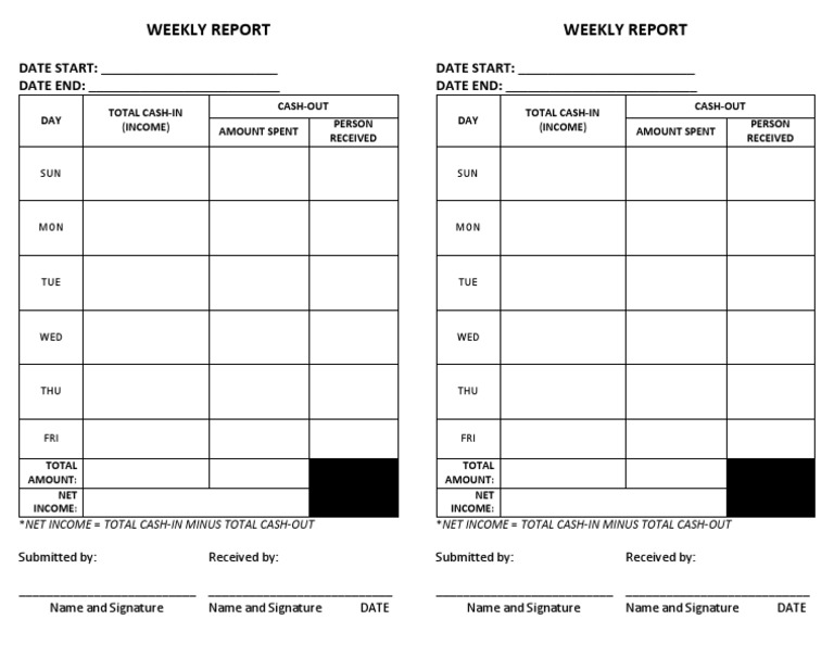 Weekly Cash Report Tracking Income and Expenses Over a Seven Day Period ...