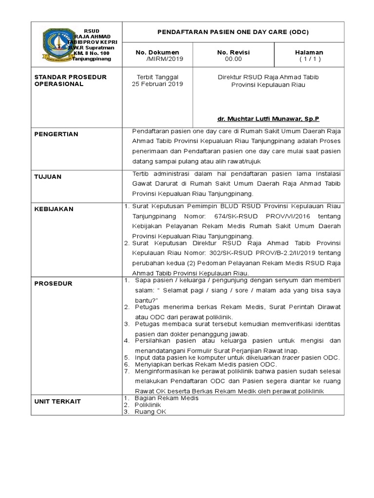 Sop Ranap (Pendaftaran Pasien One Day Care (Odc) ) | PDF