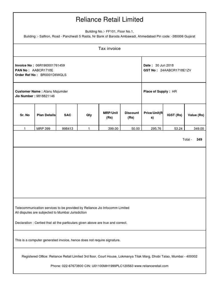 Reliance Retail Invoice - June 2018 | PDF