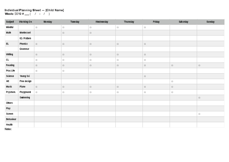 Individual Planning Sheet Child Name 2019 | PDF