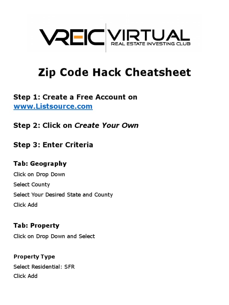 VREIC Zip Code Hack Cheatsheet | PDF