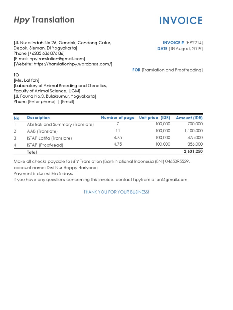 HPY Translation Invoice #HPY214 | PDF