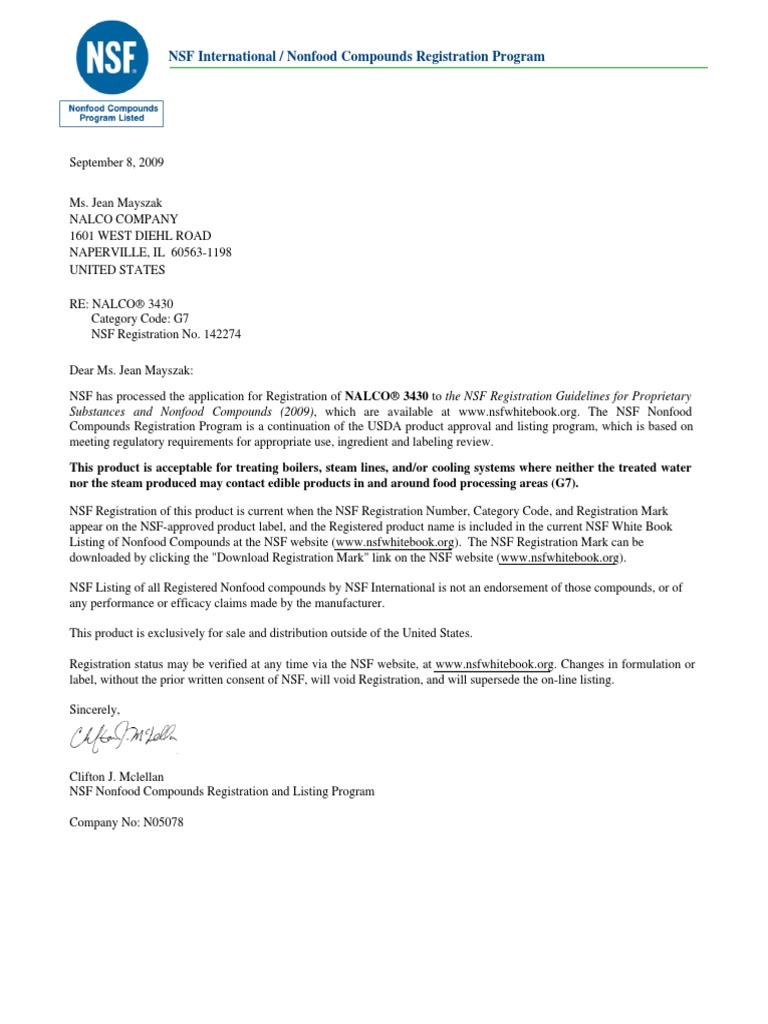 Registration Confirmation and Guidelines for NALCO® 3430 under the NSF ...
