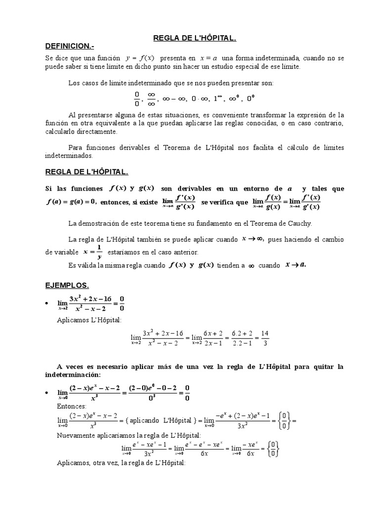 Regla de L'Hôpital y casos de límites indeterminados | PDF | Límite ...