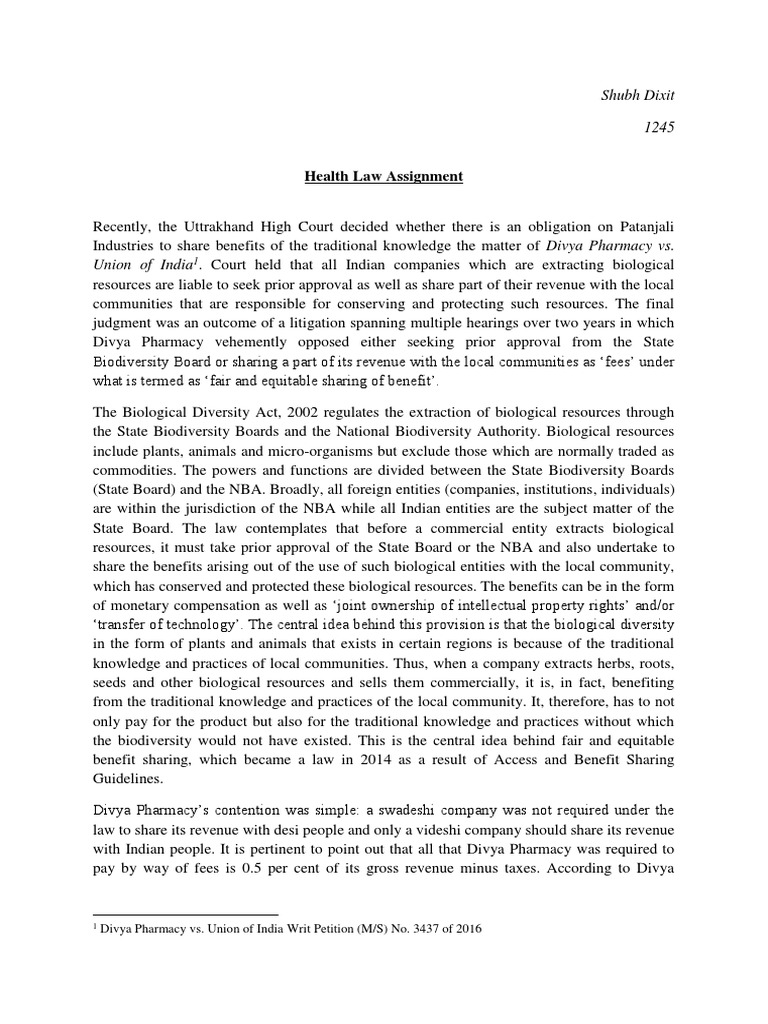 Shubh Dixit 1245: Health Law Assignment | PDF | Traditional Knowledge | Biodiversity