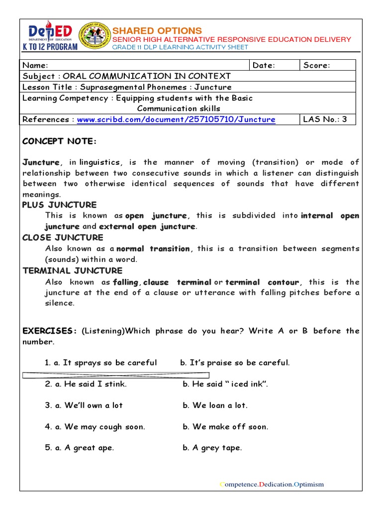 SHARED OPTIONS LAS NO 3 Suprasegmental Phonemes Juncture | PDF