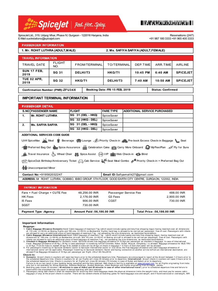 SpiceJet - E-Ticket - PNR ZFU34X - 17 Feb 2019 Delhi-HKG For MR. LUTHRA ...