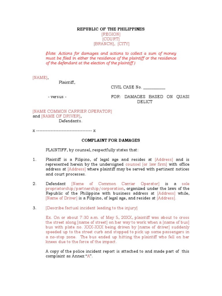 MyLegalWhiz - Complaint For Damages Based On Quasi Delict Against ...