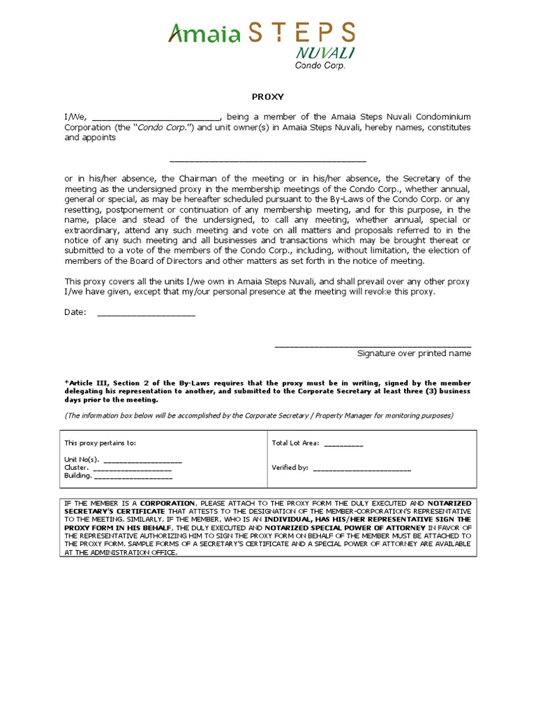 @ Amaia Proxy Form Representative Blank | PDF | Proxy Voting | Condominium