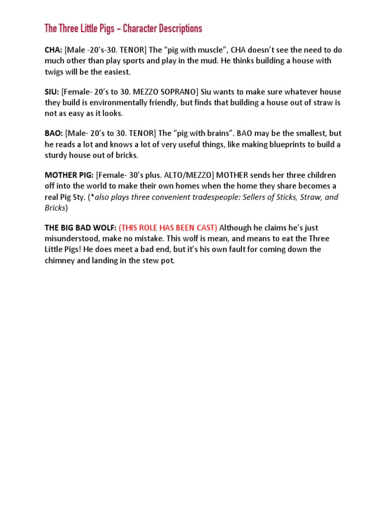 Character Guide for "Three Little Pigs" | PDF