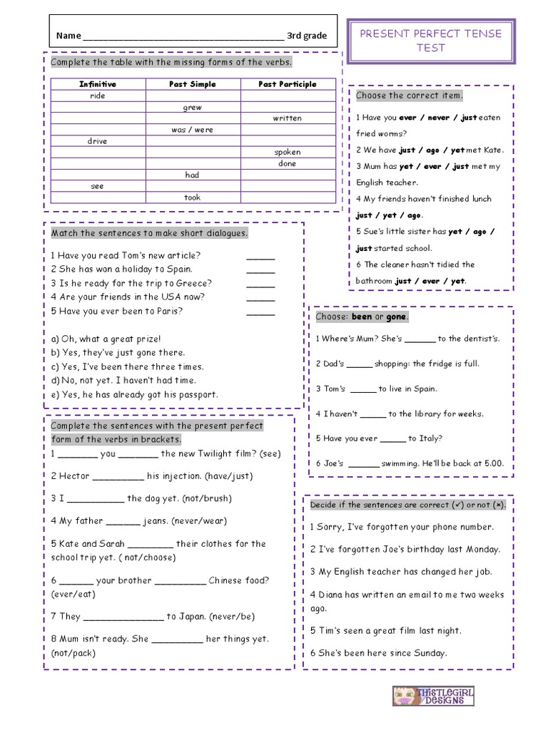 Present Perfect Tense Test for Grade 3 | PDF | Perfect (Grammar ...