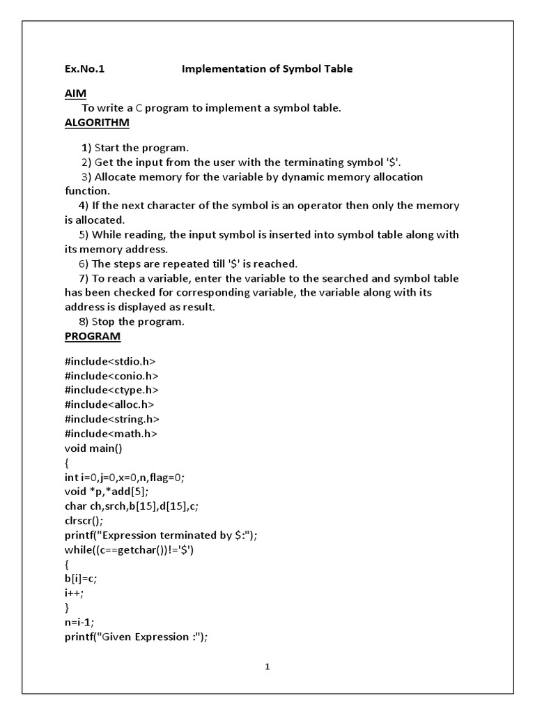 Ex - No.1 Implementation of Symbol Table AIM Algorithm | PDF | Scope ...