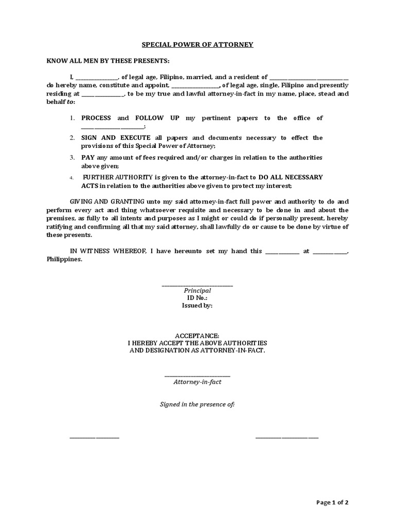 Special Power of Attorney - Template | PDF | Power Of Attorney ...