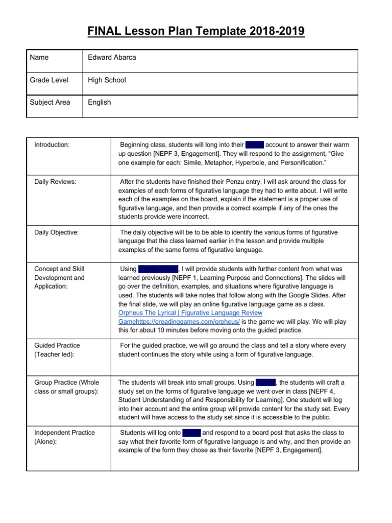 Final Lesson Plan Template 2018-2019 | PDF | Lesson Plan | Homework