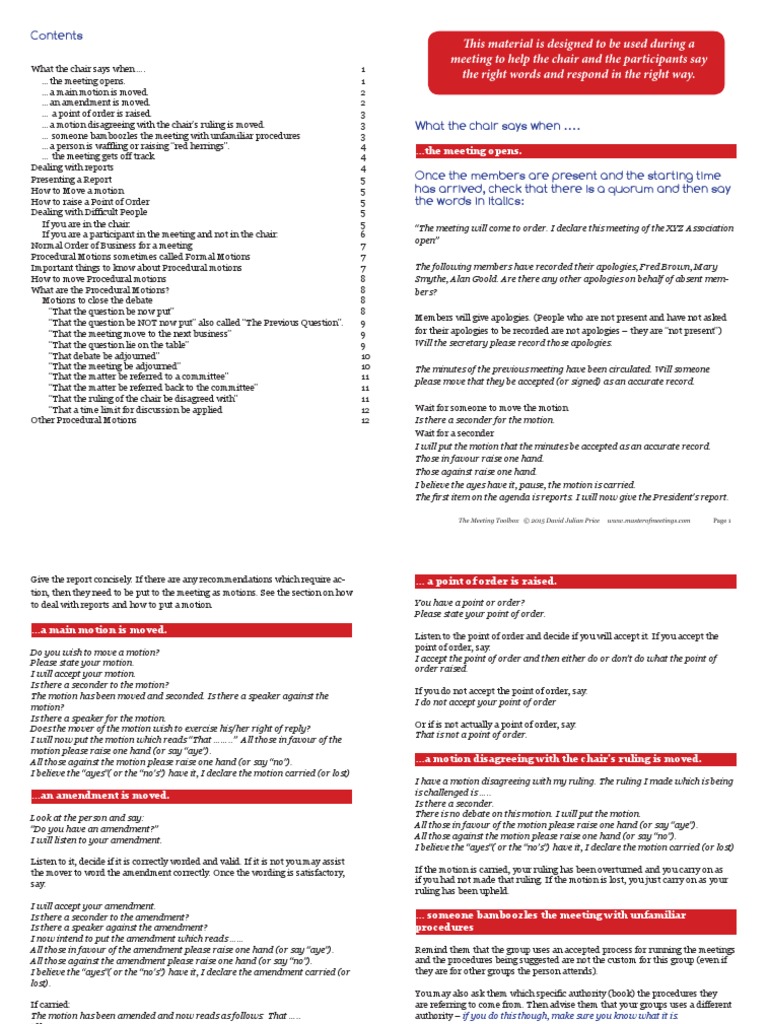 This Material Is Designed To Be Used During A Meeting To Help The Chair ...