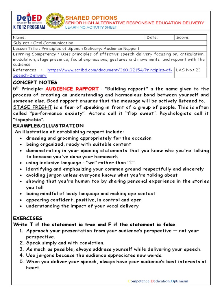 LAS NO 23 Principles of Speech Delivery Audience Rapport | PDF | Speech ...