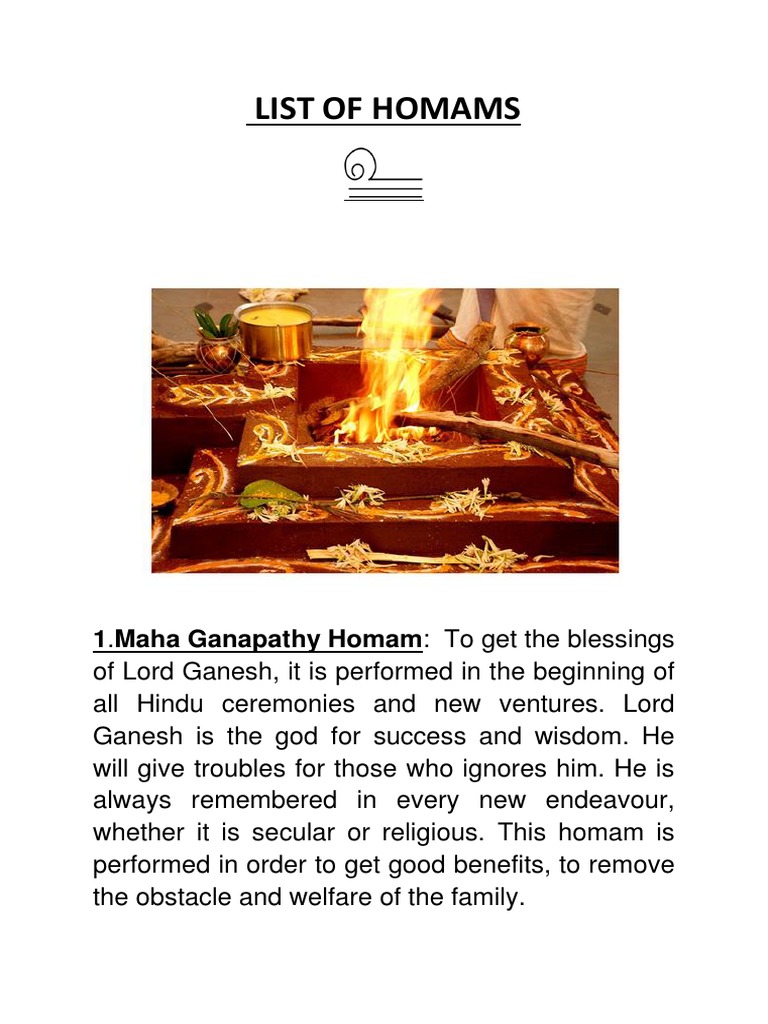 List of Homams: 1.maha Ganapathy Homam: To Get The Blessings | PDF ...