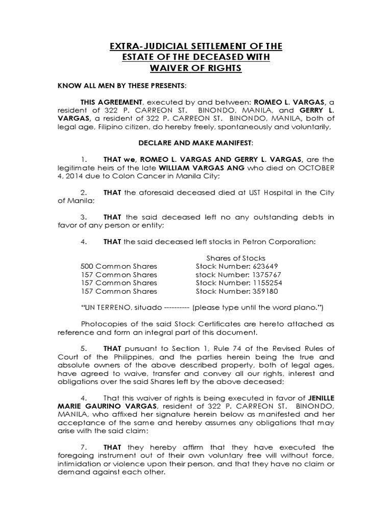 Extra Judicial Sample | PDF | Stocks | Private Law