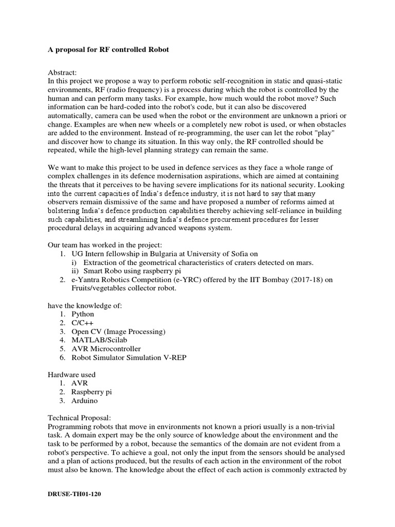 A Proposal For RF Controlled Robot: DRUSE-TH01-120 | PDF | Printed ...