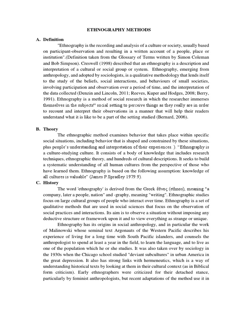 Ethnography Methods A. Definition | PDF | Ethnography | Qualitative ...
