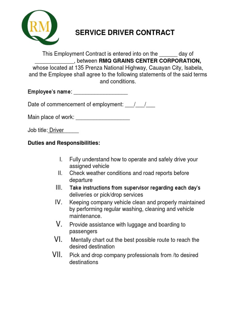 Service Driver Contract | PDF | Payroll | Employment