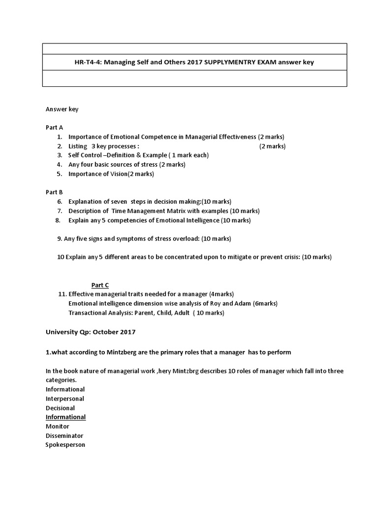 HR-T4-4: Managing Self and Others 2017 SUPPLYMENTRY EXAM Answer Key | PDF