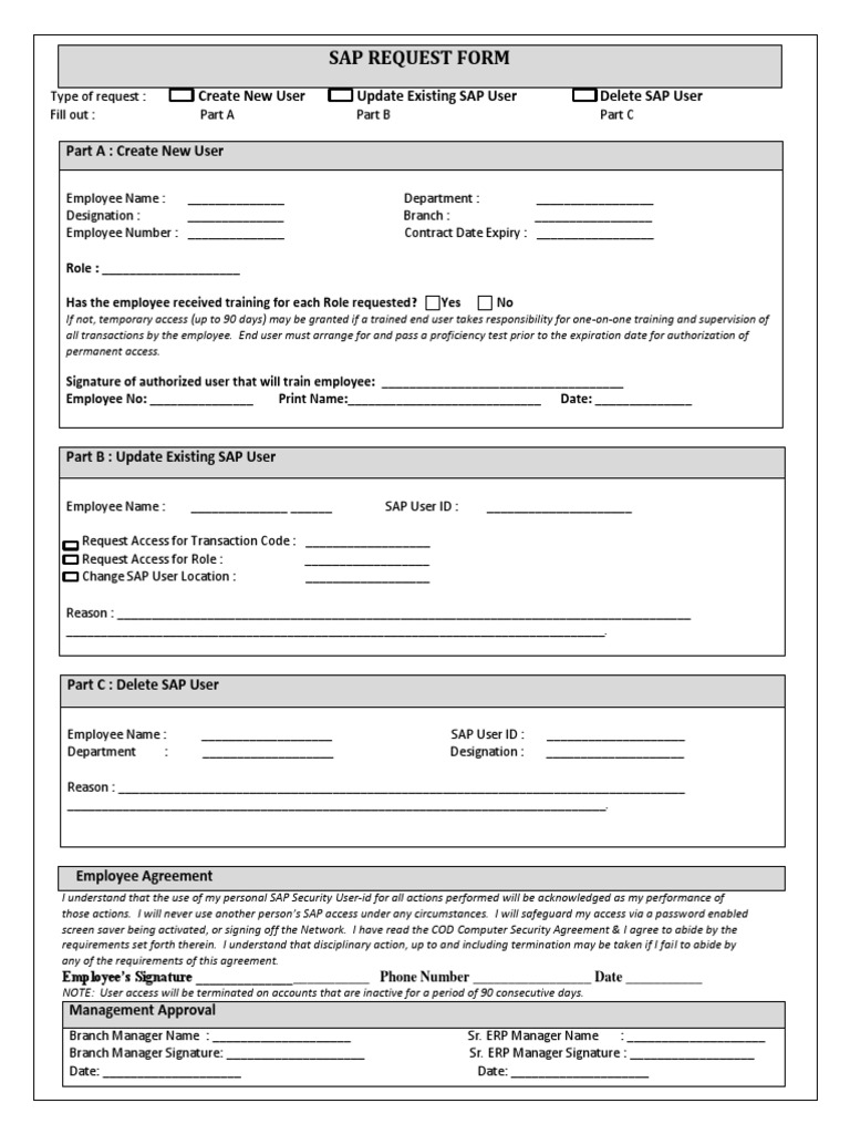 Sap Request Form Create New User Update Existing Sap User Delete Sap User Download Free Pdf