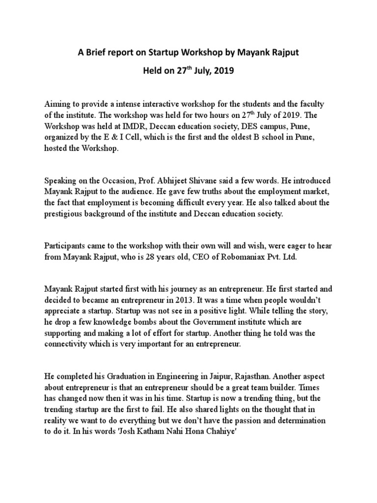 Report On Startup Workshop | PDF | Startup Company | Small Business ...