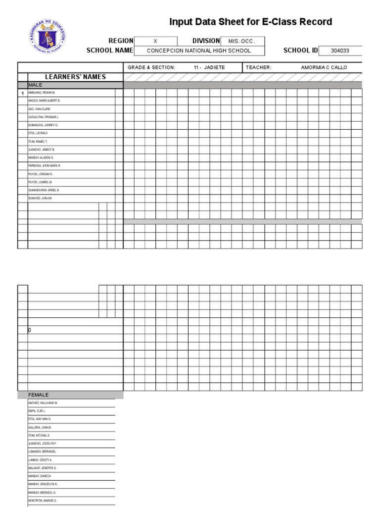 Input Data Sheet For E-Class Record: Region Division School Name School ...