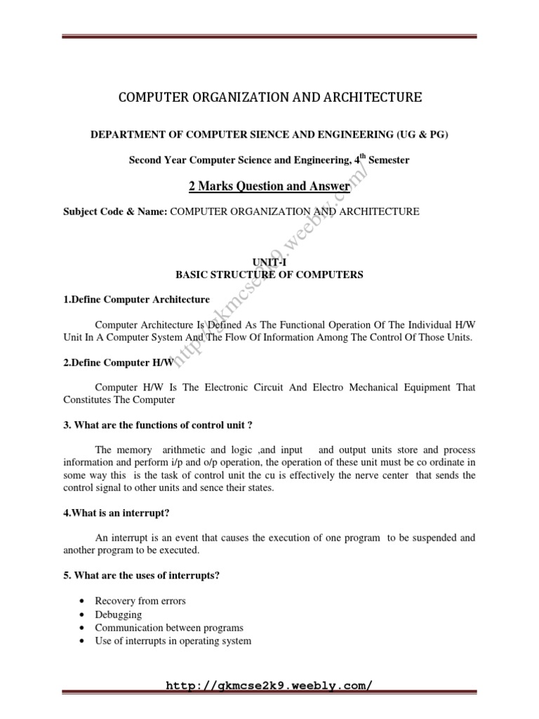 Computer Organization and Architecture: 2 Marks Question and Answer ...