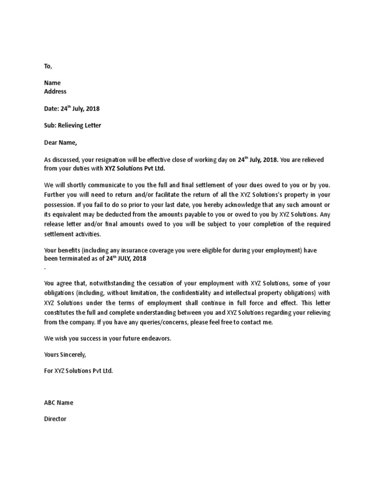 Relieving Letter Format | PDF