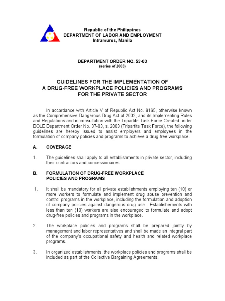 Department Order No. 53-03 Guidelines For The Implementation of A Drug ...