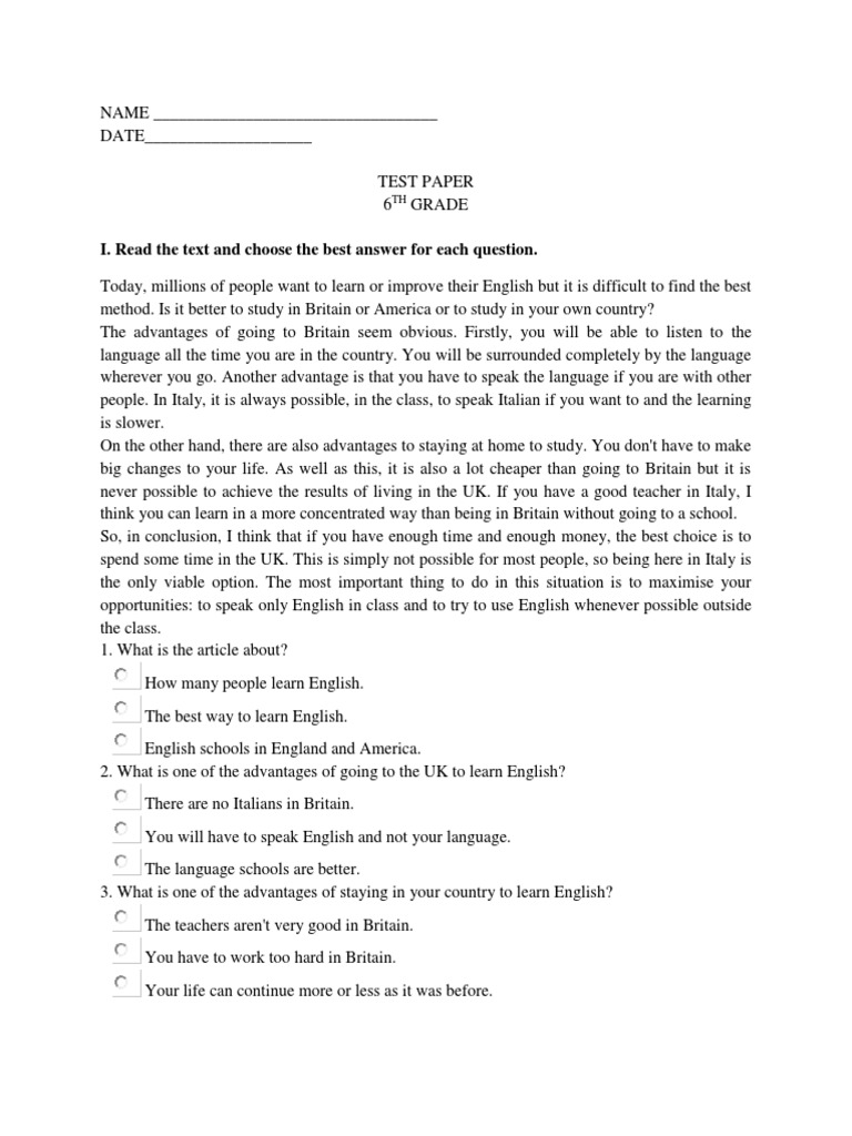 I. Read The Text and Choose The Best Answer For Each Question | PDF ...