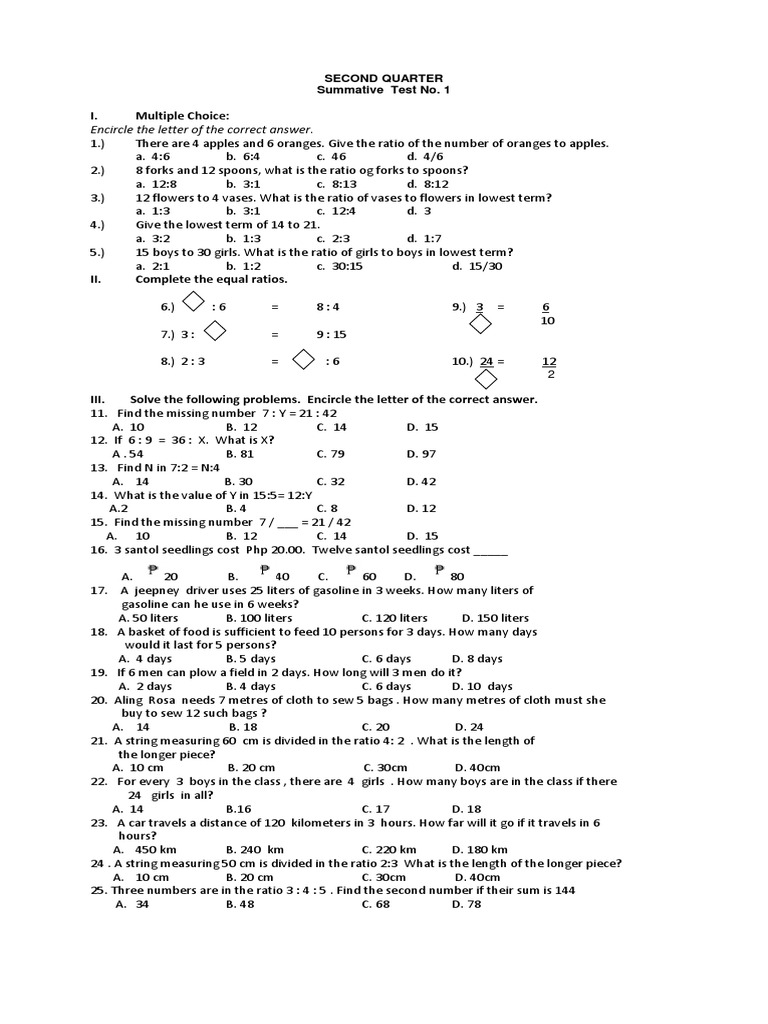 2nd Quarter Ratio Summative-Test | Download Free PDF | Teaching Mathematics