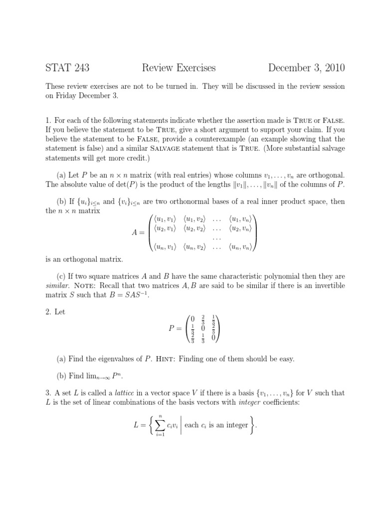 STAT 243 Review Exercises December 3, 2010 | PDF | Matrix (Mathematics ...