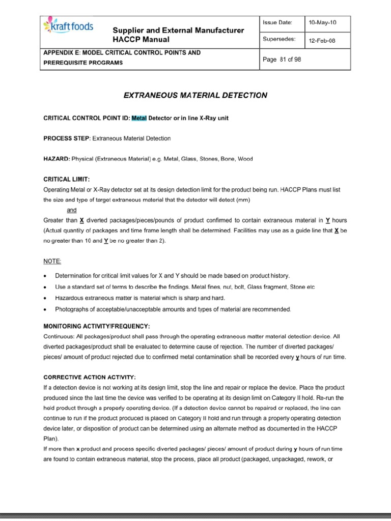 Kraft Metal Detector CCP, Critical Limits PDF | PDF
