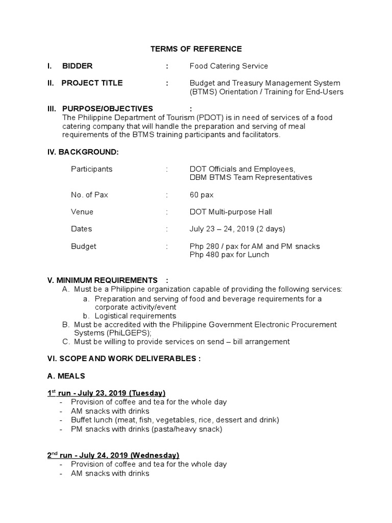 Terms of Reference - Catering Services | PDF | Lunch | Drink
