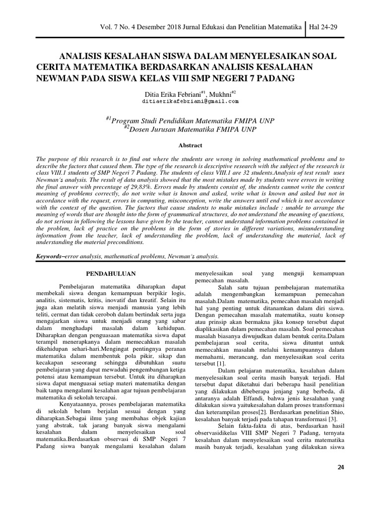 Analysis of Students' Errors in Solving Mathematical Story Problems Based on Newman's Error ...