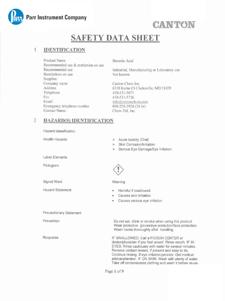 Benzoic Acid SDS 031516 | PDF