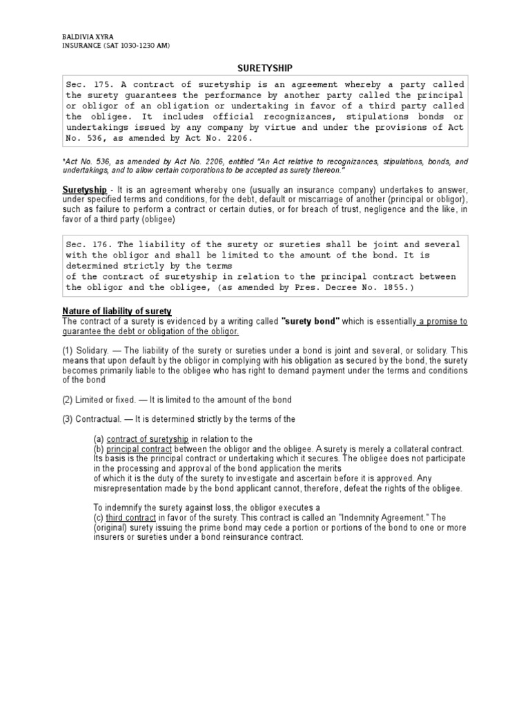 Suretyship: Baldivia Xyra INSURANCE (SAT 1030-1230 AM) | PDF | Surety ...