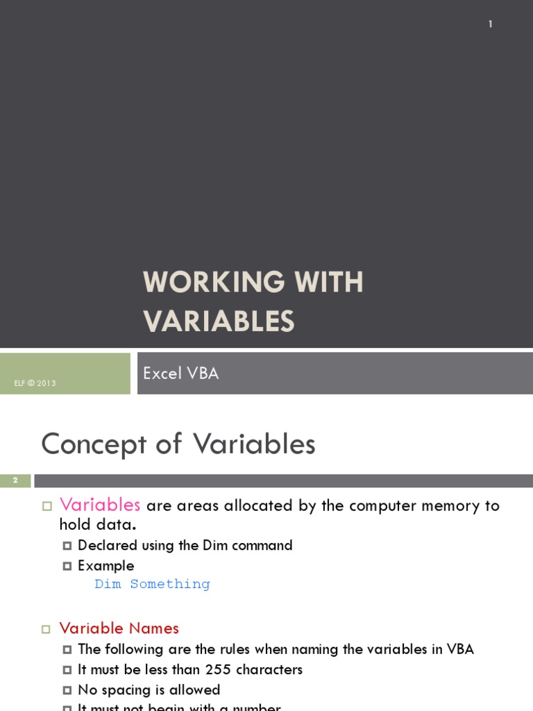 Working With Variables | PDF | Data Type | Microsoft Excel